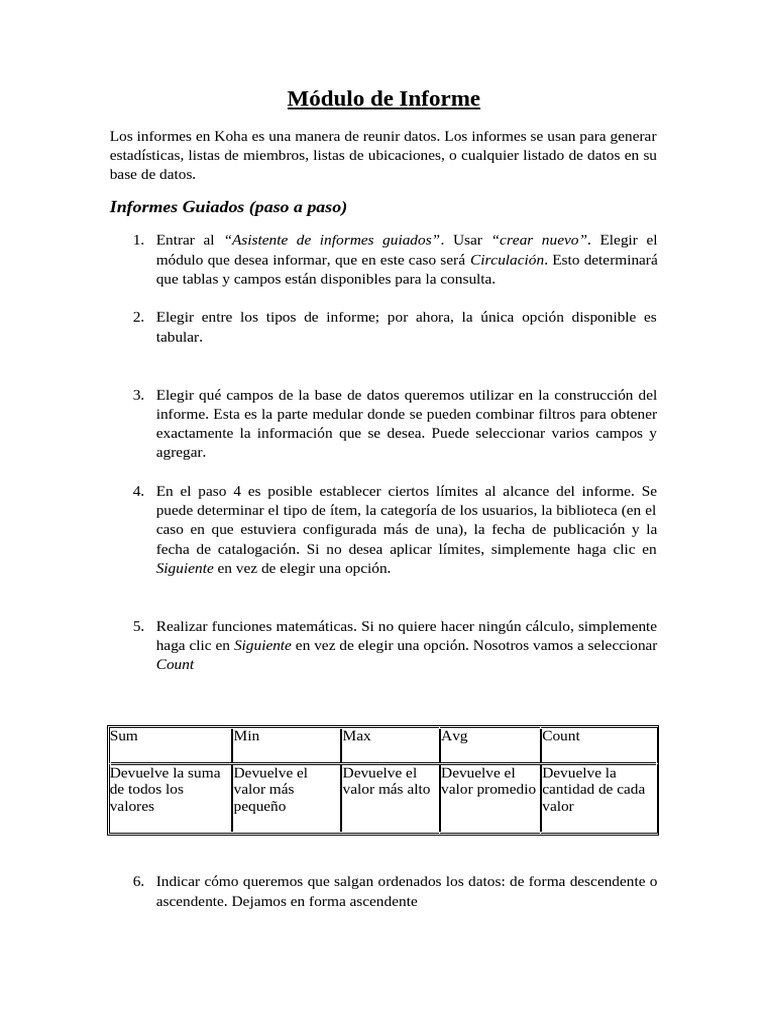 Koha Modulo de Informe Trabajo Automatizacion | PDF