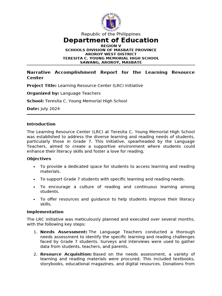 Department of Education: Narrative Accomplishment Report For The ...