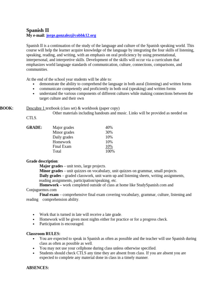 Spanish 2 Syllabus | PDF