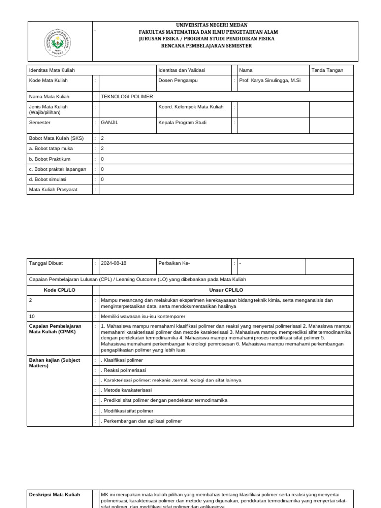RPS Teknologi Polimer 2024-Ganjil | PDF