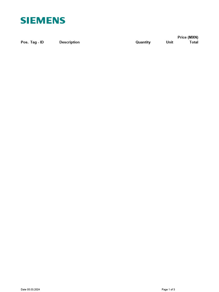 Price (MXN) Pos. Tag - ID Description Quantity Unit Total: Page 1 of 3 ...