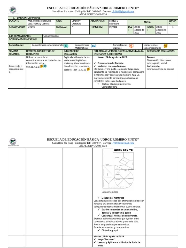 Plan de Ambientación LL 8VO | PDF | Educación primaria | Aprendizaje
