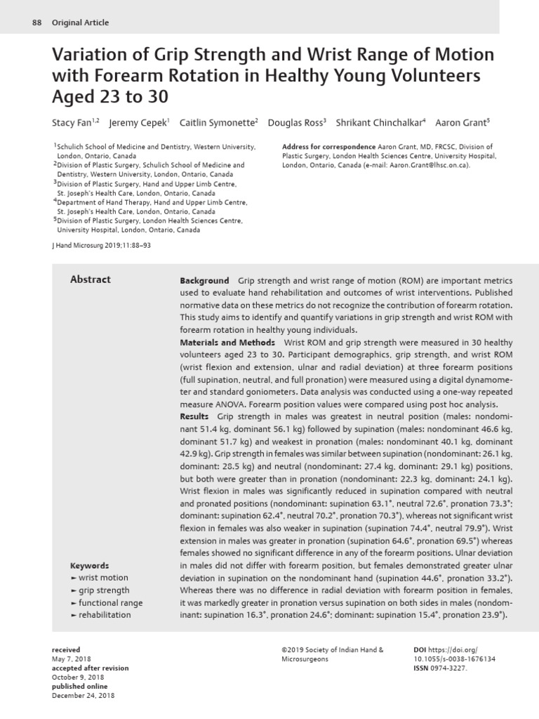 Variation of Grip Strength and Wrist Range of Motion With Forearm ...