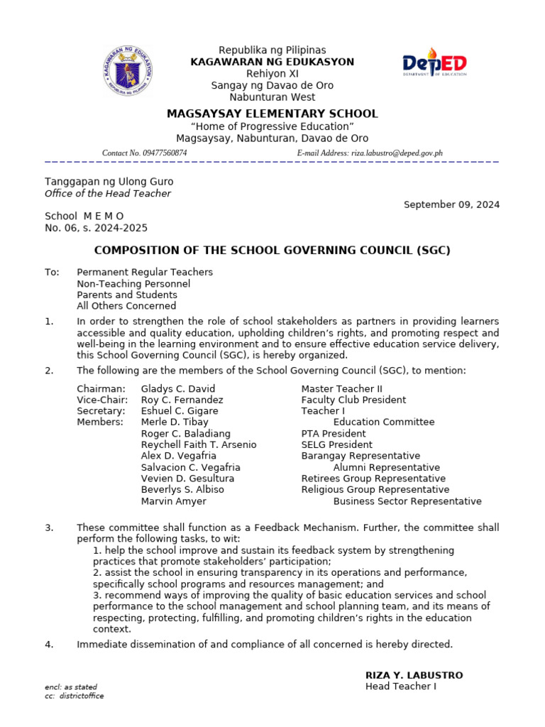 Sample School Memo For SGC Composition | PDF | Behavior Modification ...