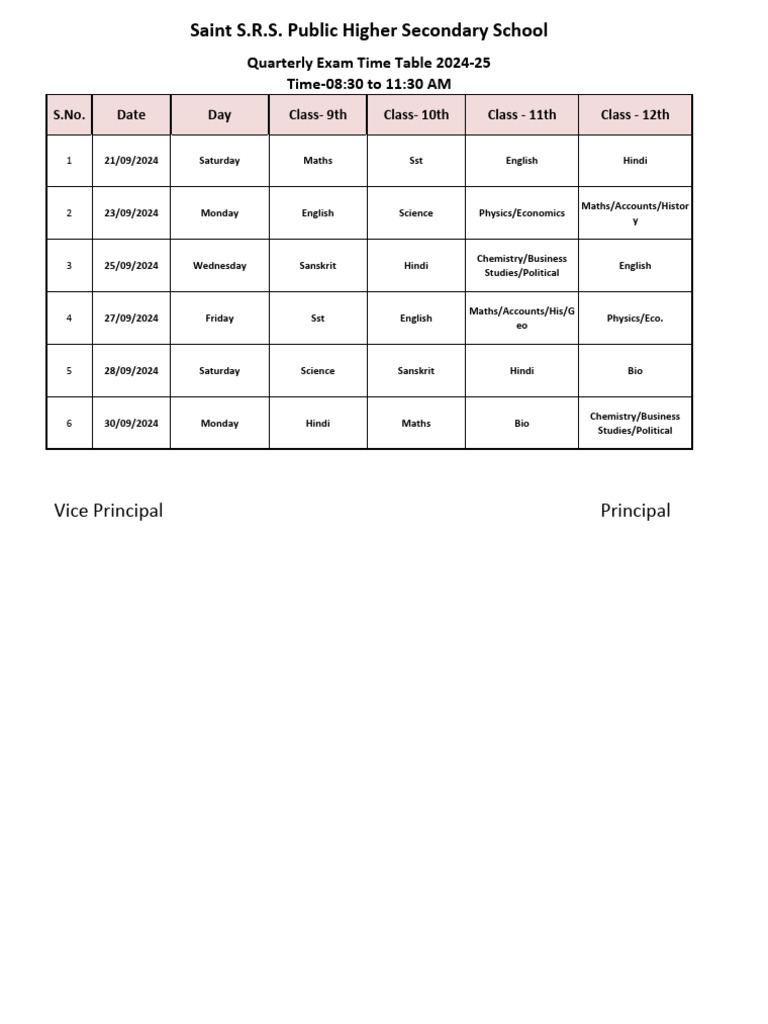 Quarterly Exam Time Table-2024-25 | PDF