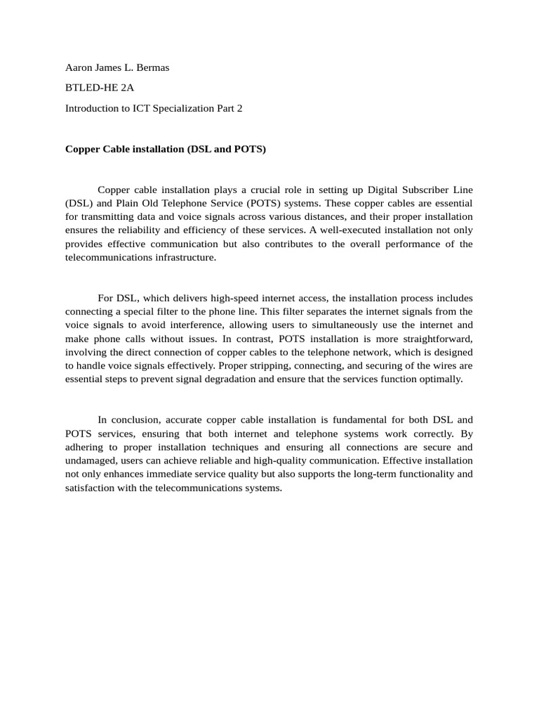 Copper Cable Installation DSL and POTS BERMAS | PDF