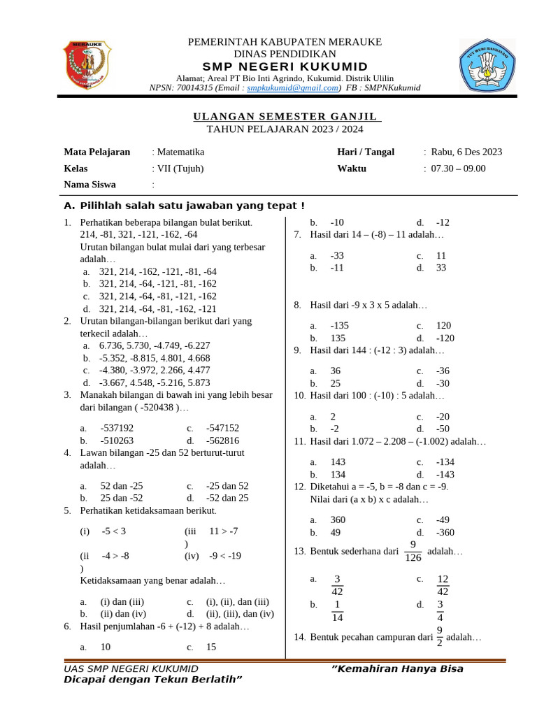 Soal UAS MTK Kls 7 Sem 1 - TP 2023-2024 | PDF