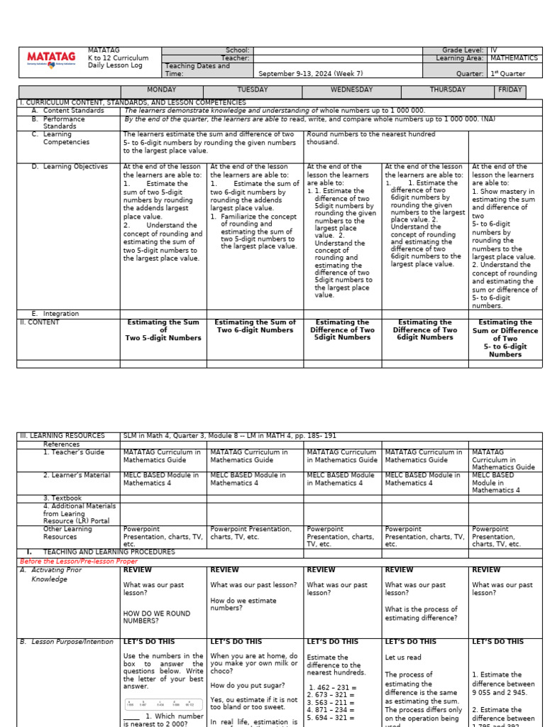 Matatag DLL Week 7 Math G4 | PDF