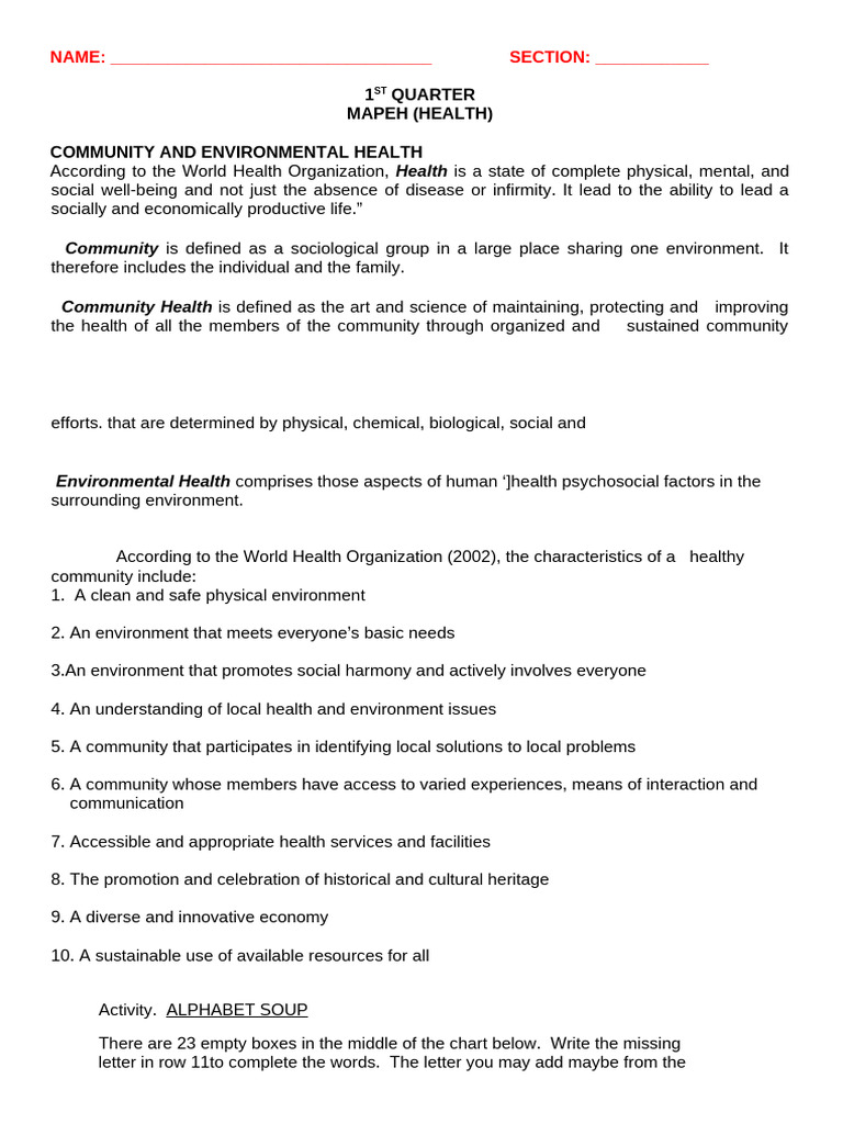 Health Handout 1st | PDF