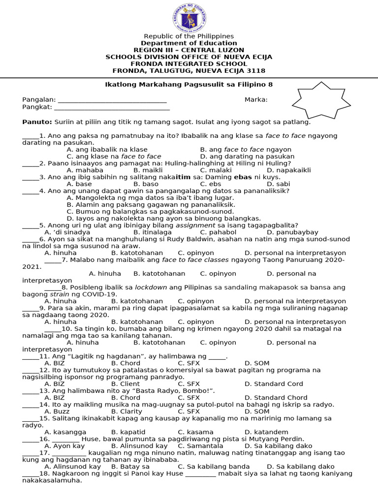 Q3 EXAM FILIPINO 8 | PDF