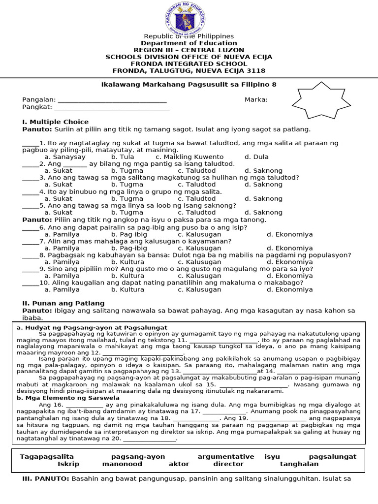Q2 Exam Filipino 8 | PDF