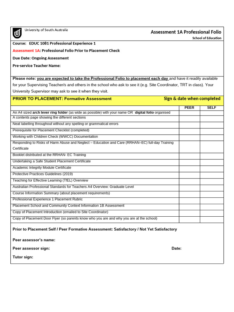 2024 Assessment 1A Professional Folio Prior to Placement Checklist | PDF 2024 Assessment 1A Professional Folio Prior to Placement Checklist | PDF
