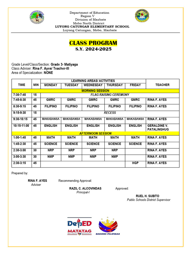 GRADE-3-MATIYAGA-CLASS-TEACHER-PROGRAM | PDF