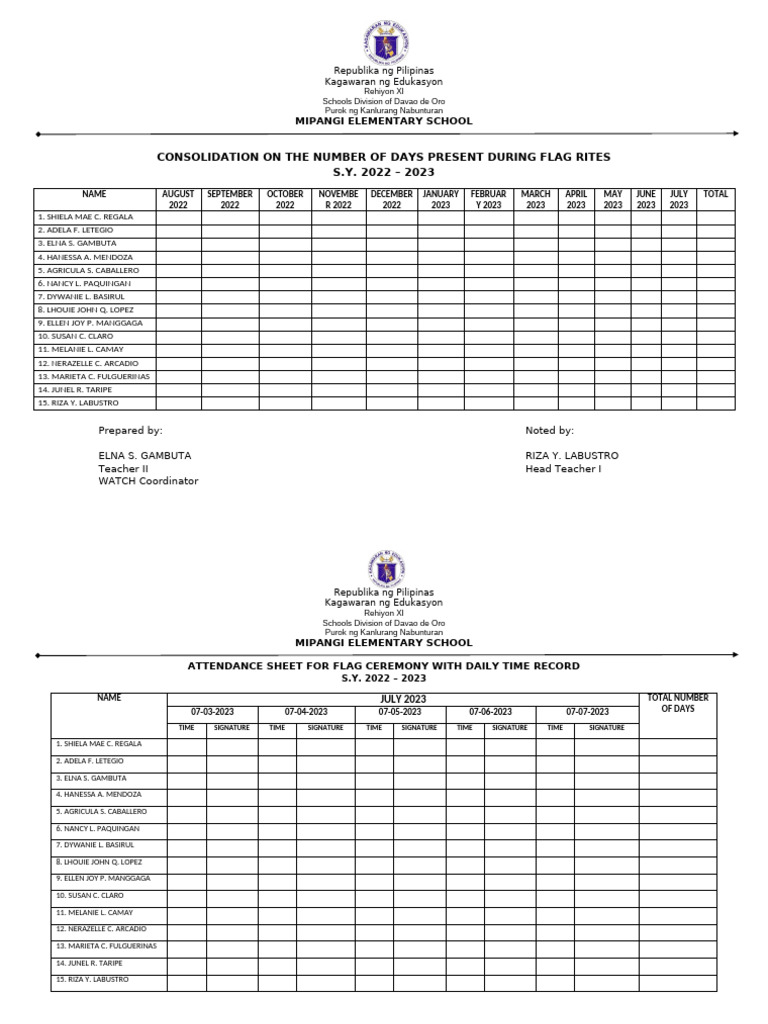 Attendance Sheet For Flag Ceremony | PDF