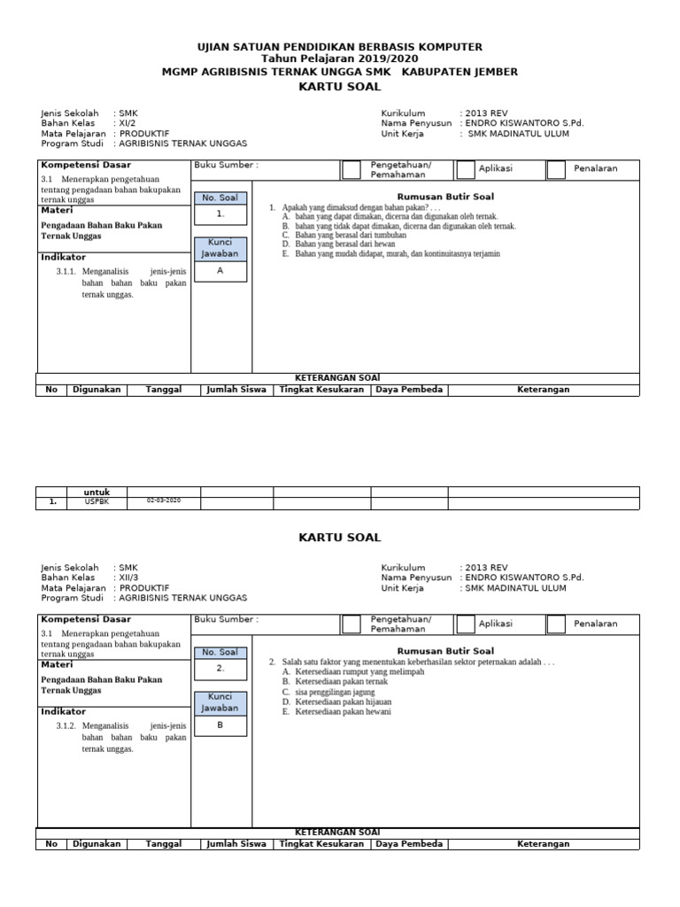 Format Kartu Soal Produktif Atu | PDF