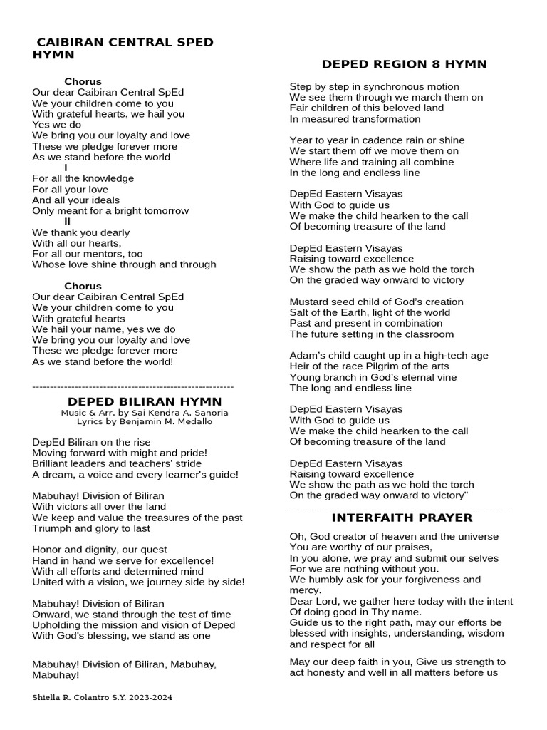 LYRICS CCSSC Hymn, Deped Biliran Hymn, DepEd Eastern Visayas Hymn ...