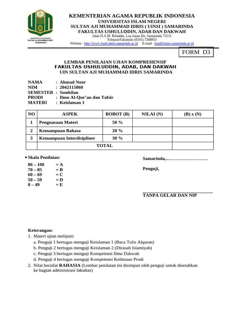 Form D3 Lembar Penilaian Ujian Komprehensif | PDF