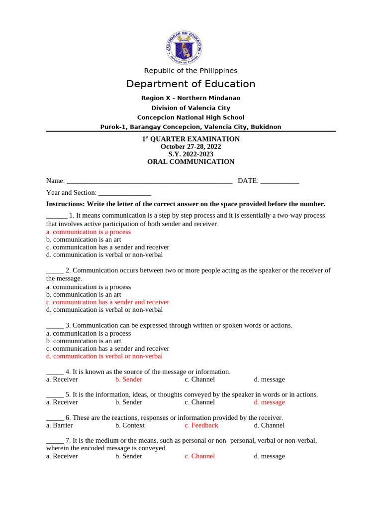 1st Quarter EXAM Answer Key | PDF