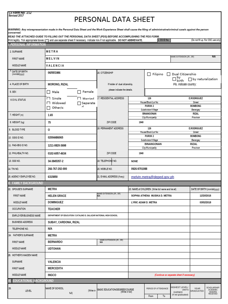 CS Form No. 212 Revised Personal Data Sheet 2 New 2 MELVIN | PDF