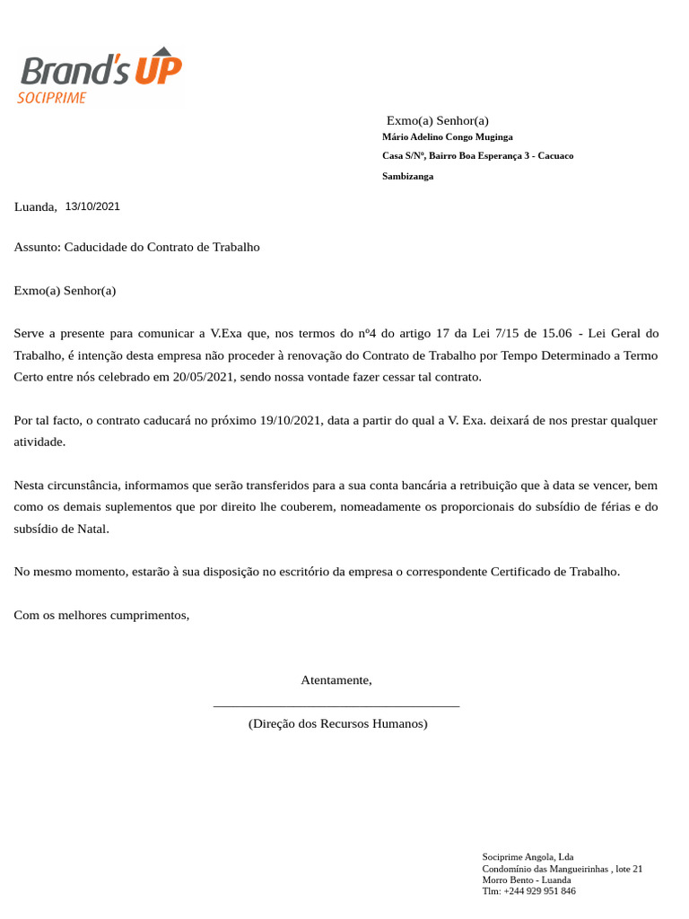 Carta Caducidade Mario Muginga | PDF