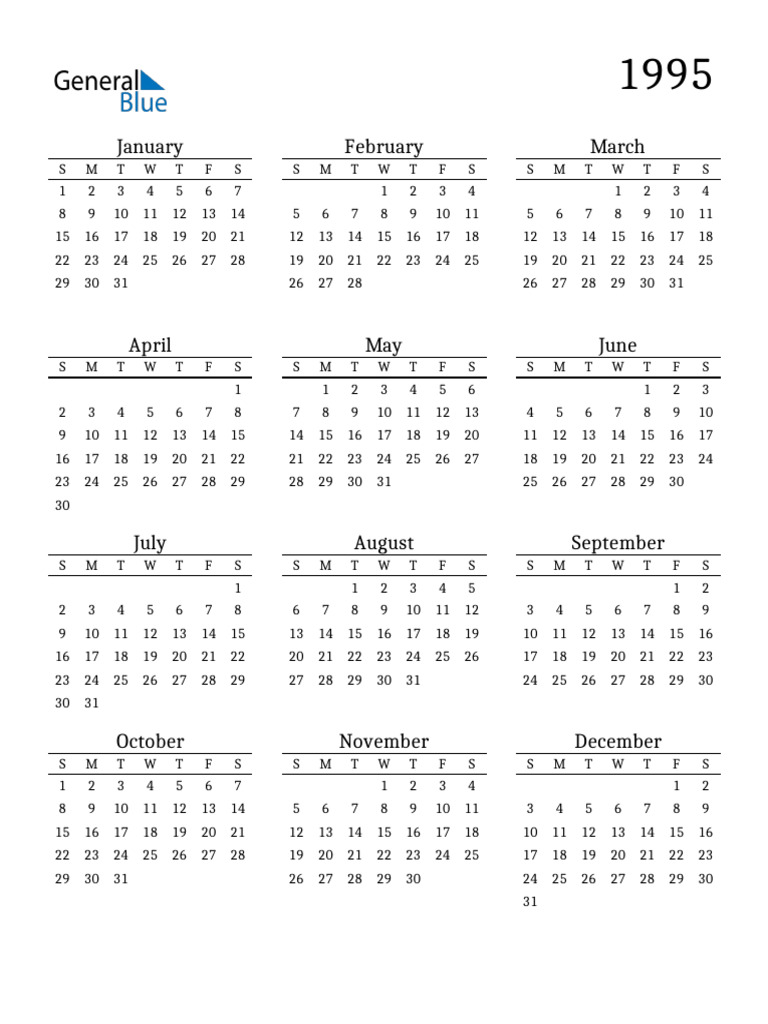 1995 Calendar Printable Classic Portrait Sunday Start | PDF