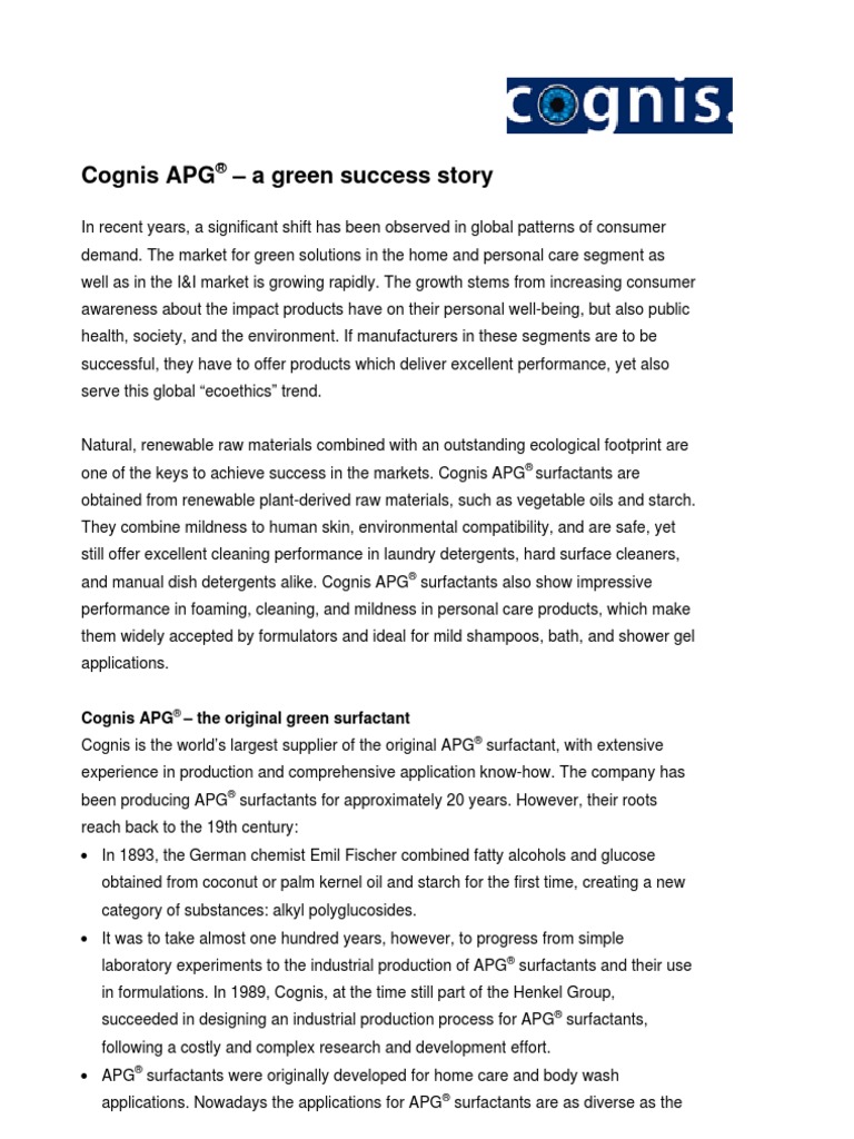 Cognis APGFactsheet Eng Final Neu | PDF | Surfactant | Detergent