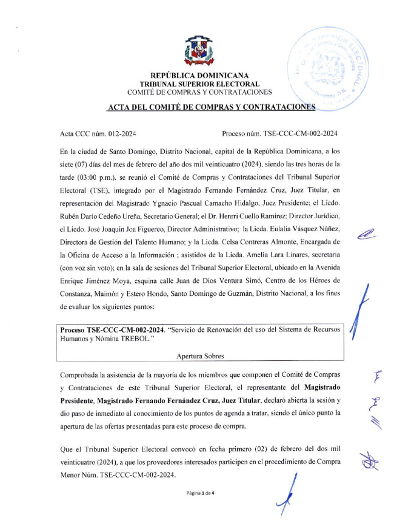TSE-CCC-CM-002-2024 Acta CCC Num 012-2024 Apertura de Sobres | PDF