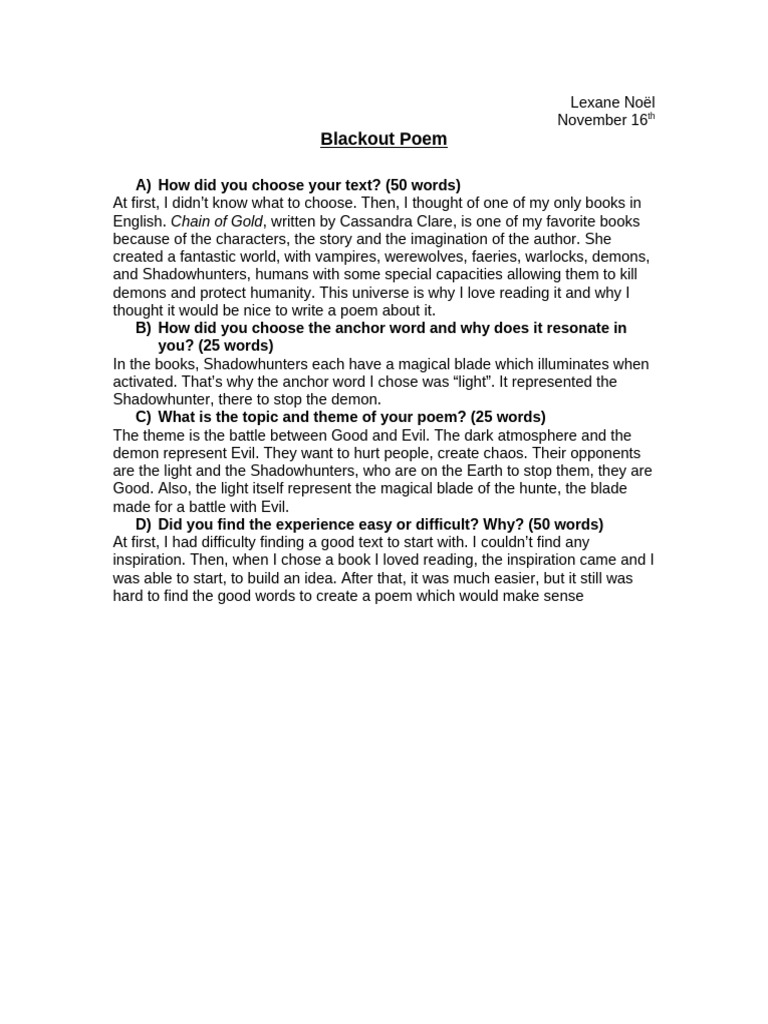 Blackout Poem-Answers | PDF