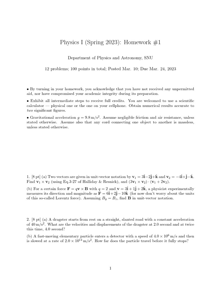 Physics I (Spring 2023) : Homework #1 | PDF