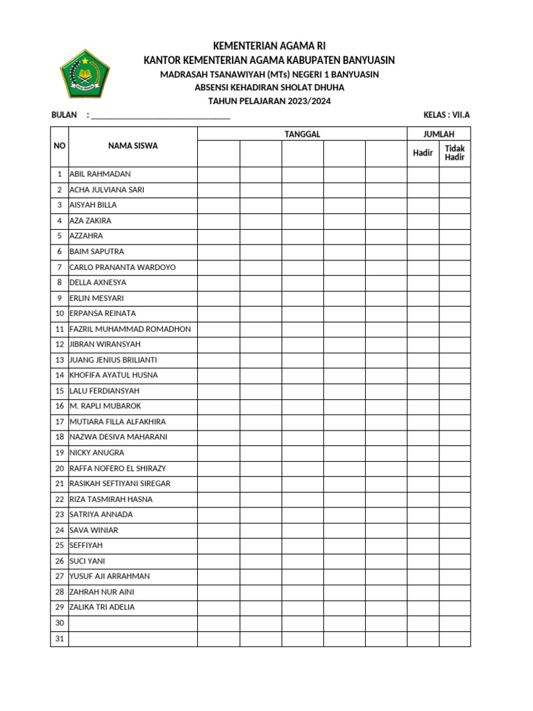 Form Absensi Sholat Dhuha 2023 | PDF