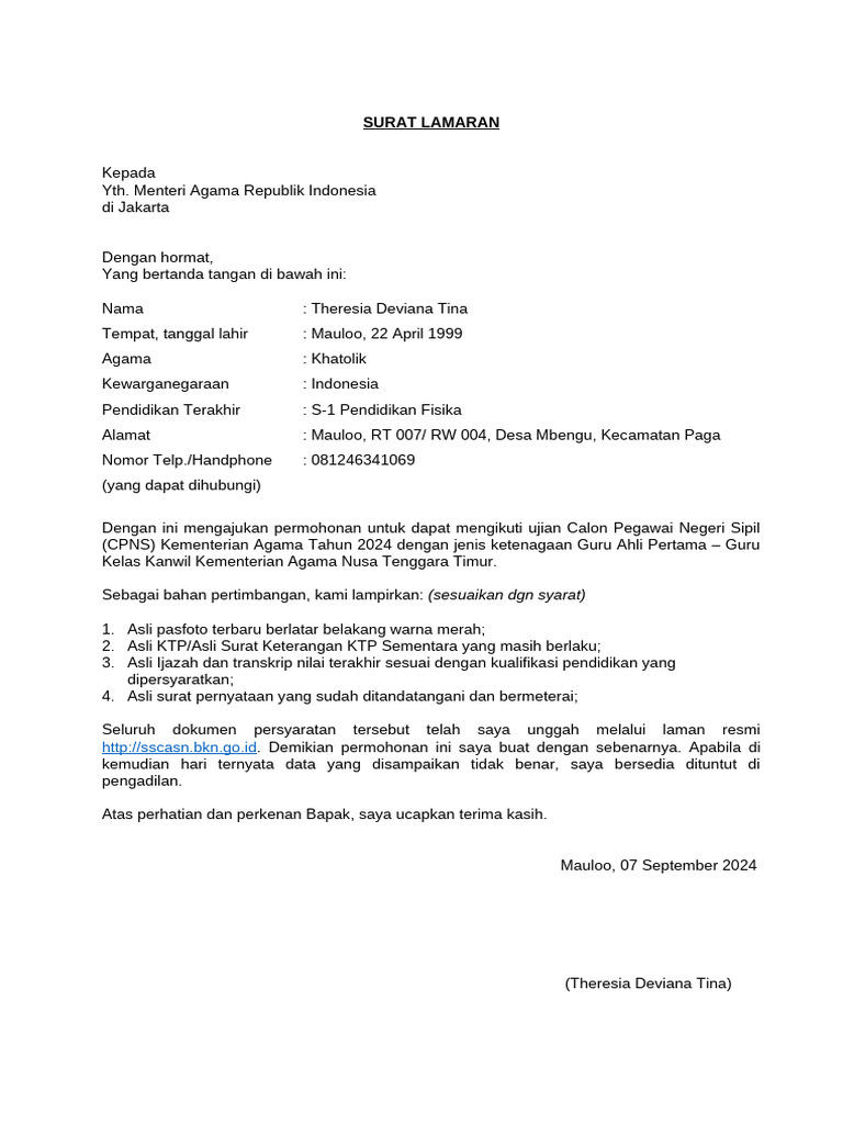Surat Lamaran Dan Pernyataan Cpns Kemenag 2024 | PDF