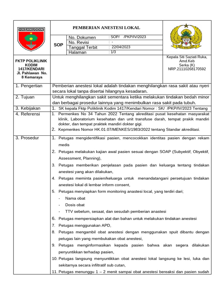 Sop Pemberian Anastesi Lokal | PDF