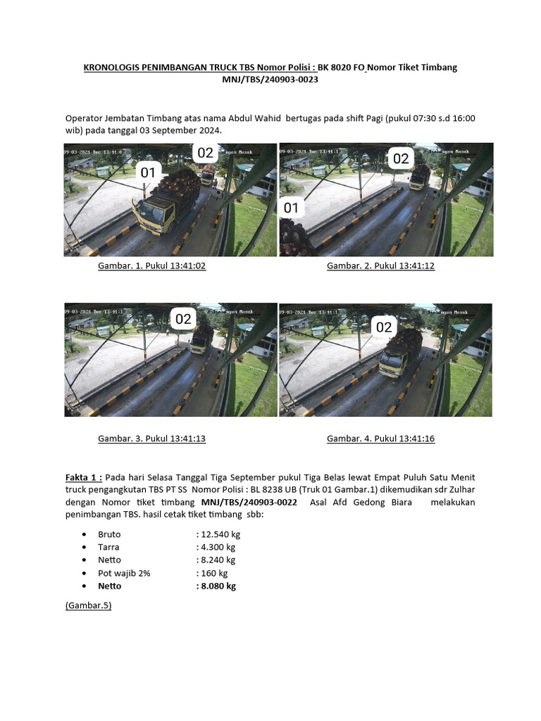 Berita Acara Pemeriksaan Berdasarkan CCTV Jembatan Timbang PKS Gedongbiara | PDF