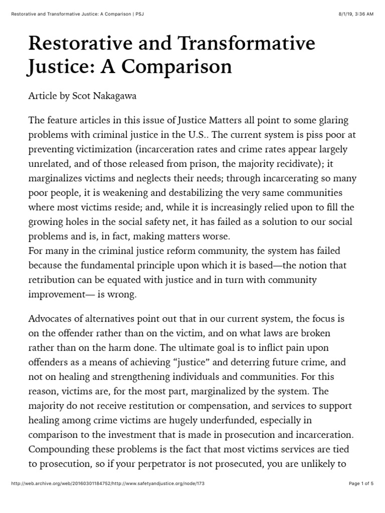 Restorative And Transformative Justice A Comparison Psj Pdf