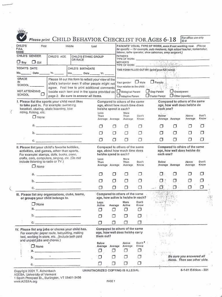 CBCL Scoring Sheet | PDF