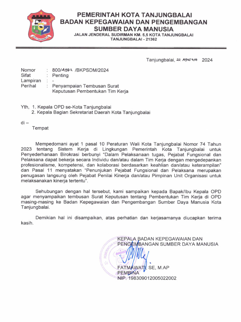 Stempel - Penyampaian Tembusan SK Tim Kerja20240823 | PDF