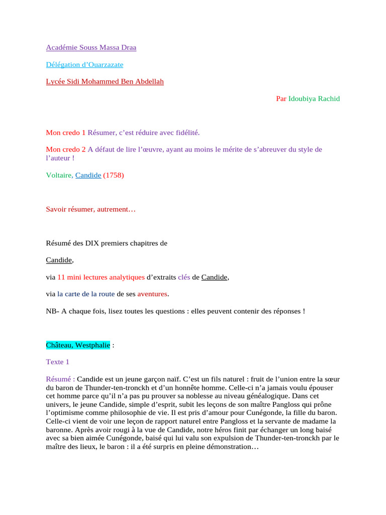 Résumé Des 10 Premiers Chapitres de Candide | PDF