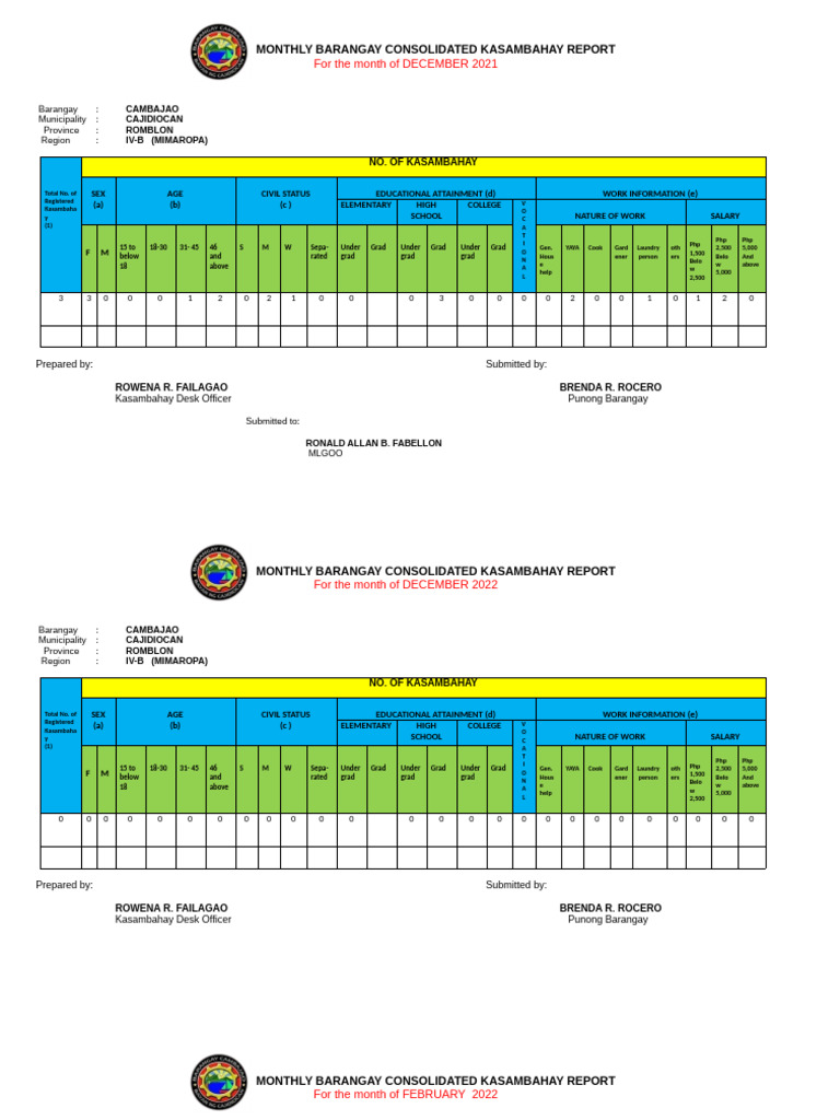 MONTHLY-BARANGAY-CONSOLIDATED-KASAMBAHAY-REPORT | PDF