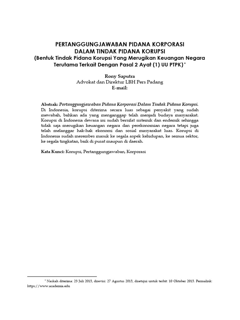 ID Pertanggungjawaban Pidana Korporasi Dalam Tindak Pidana Korupsi Bentuk Tindak Pi | PDF
