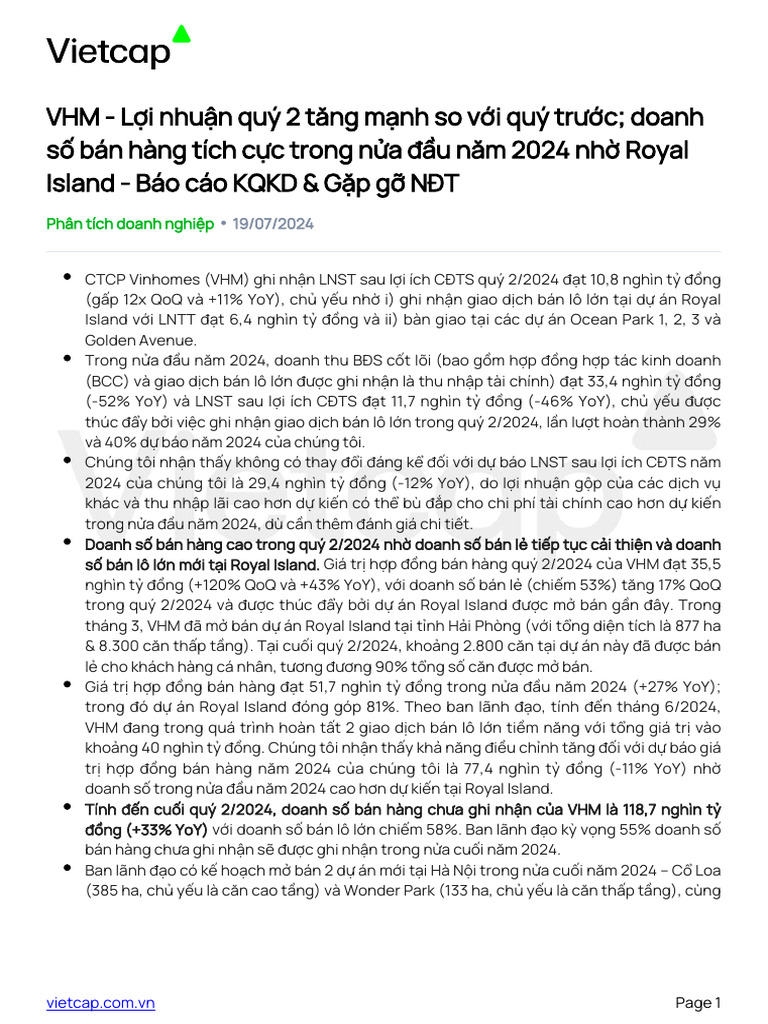 VHM Loi Nhuan Quy 2 Tang Manh So Voi Quy Truoc Doanh So Ban Hang Tich ...