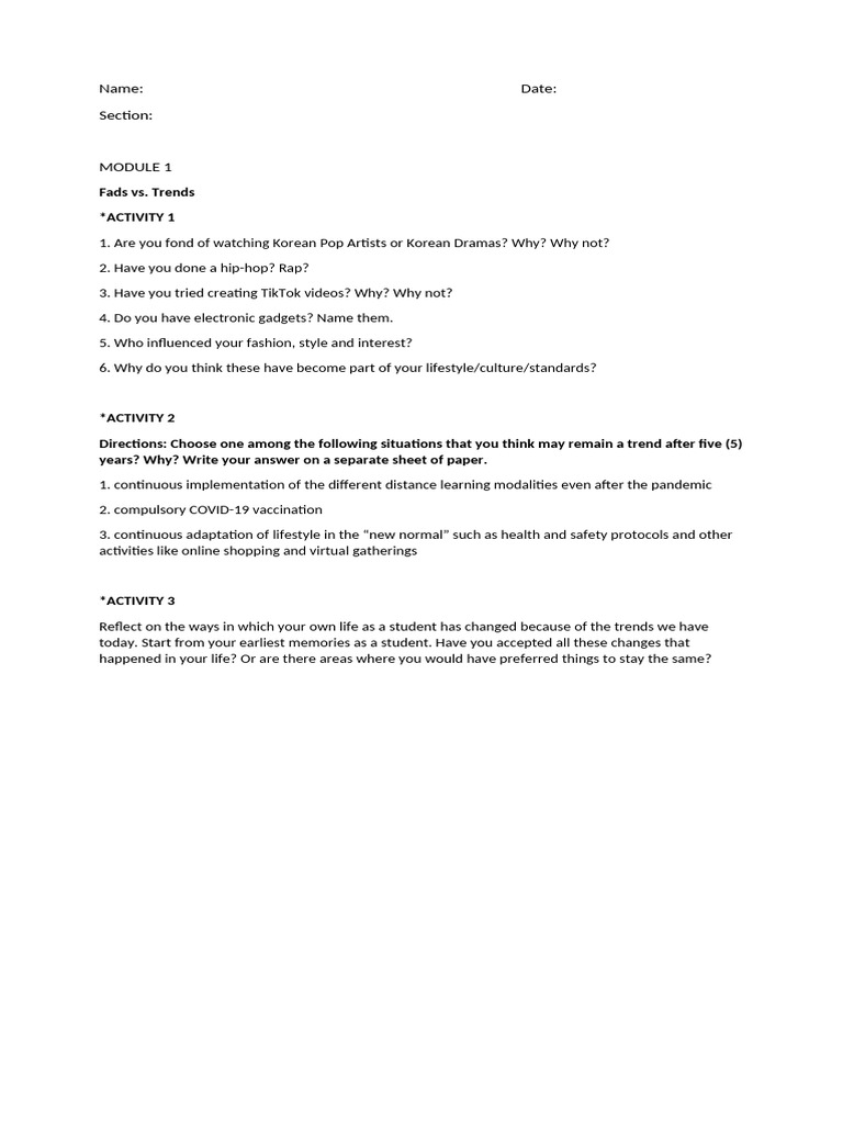 Trends Worksheet 1 | PDF