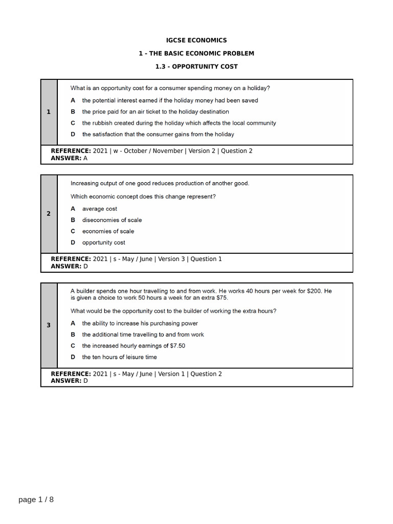 IGCSE Economics - 1.3 - Opportunity Cost | PDF