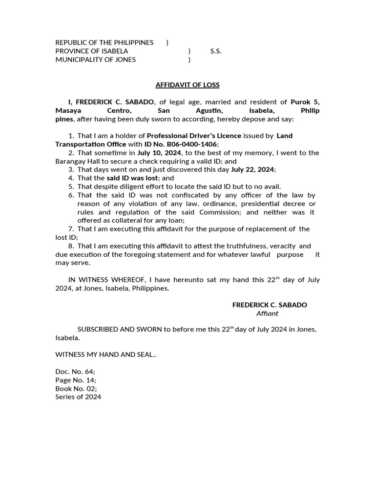 Affidavit of Loss (PRC) | PDF