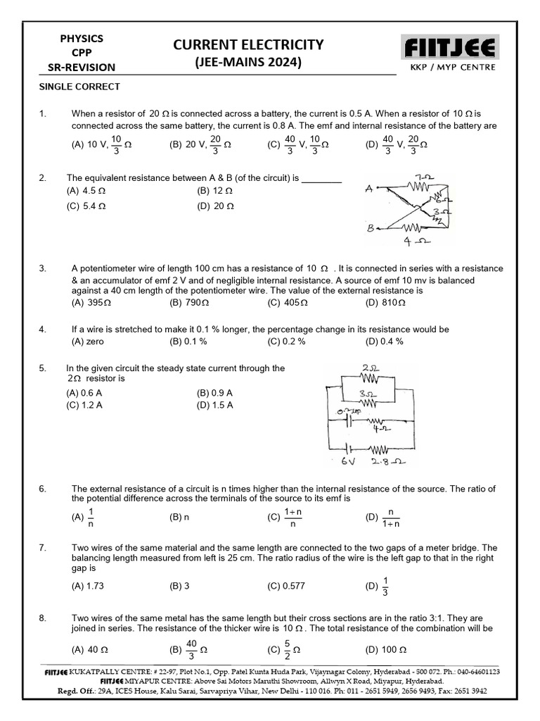 SR Physics Revision - CURRENT ELECTRICITY - Mains CPP (PDJ) | PDF