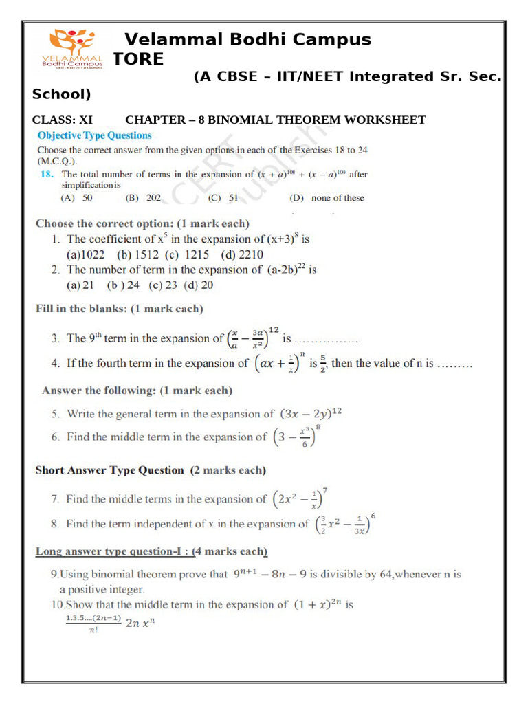 CLASS 11 BINOMIAL WORKSHEET | PDF