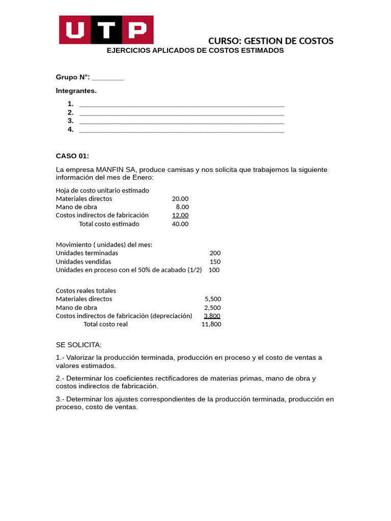S01 - s2 Tema EJERCICIOS APLICADOS DE COSTOS ESTIMADOS | PDF