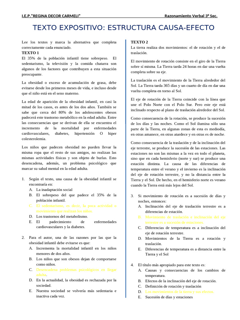 RV - 3° Texto expositivo estructura causa-efecto solucion | PDF