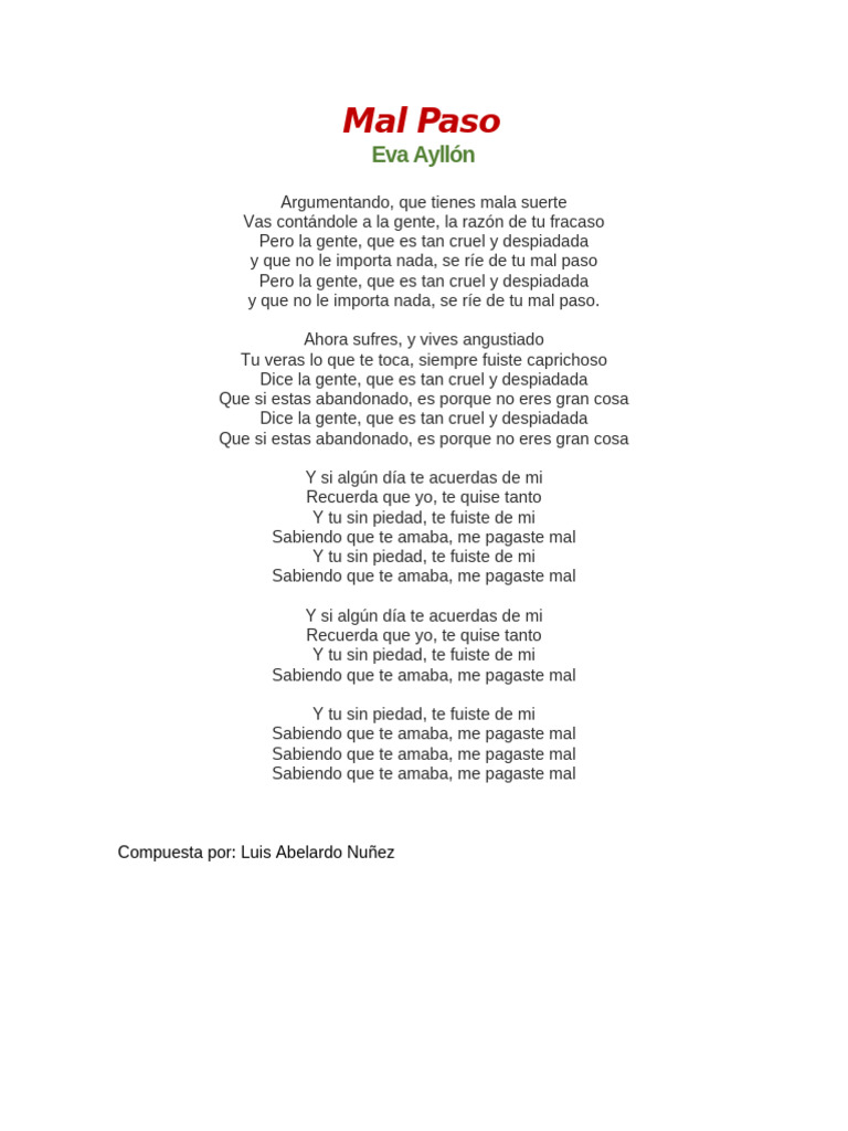 Mal Paso - Eva Ayllón Lyrics | PDF