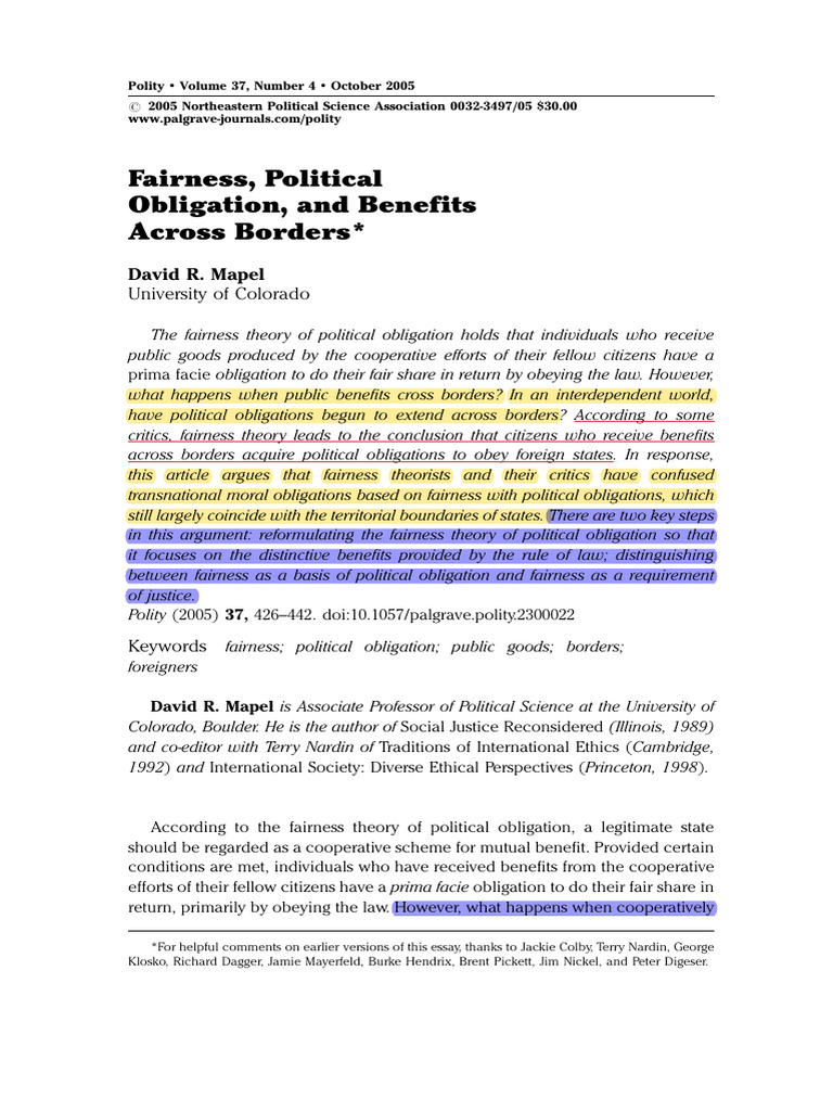 Mapel Fairness, Political Obligation and Benefits Across Borders | PDF