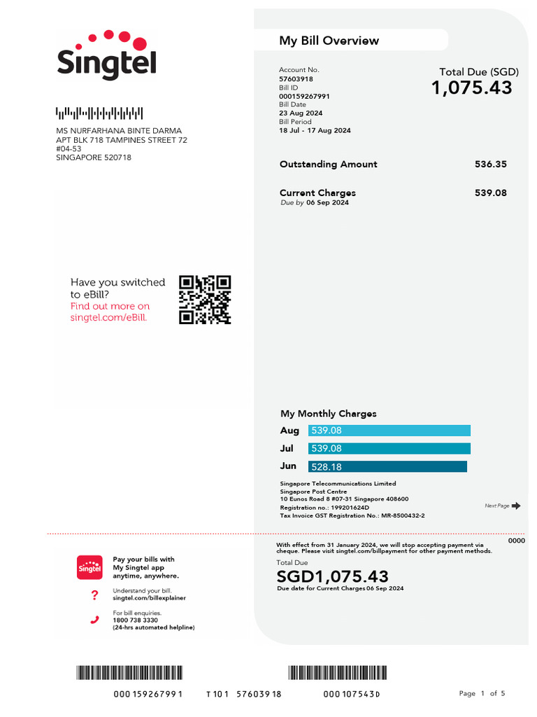 My Bill Overview: Total Due (SGD) | PDF